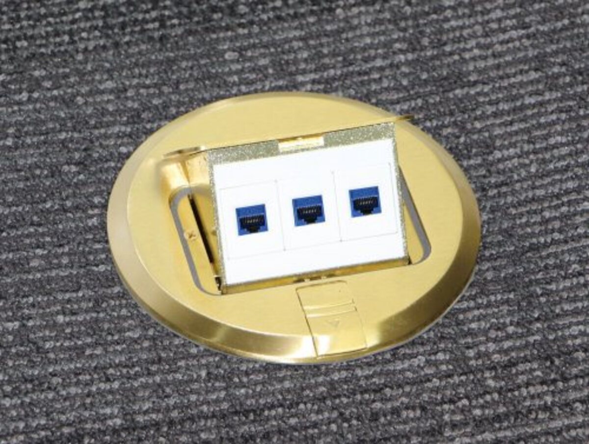 Round Pop Up Floor Box Kit, Three Data Ports - Brass | Southwire Round Pop Up Floor Box Kit, Three Data Ports - Brass | Southwire